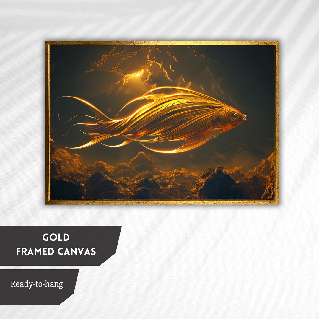 Luminous Golden Fish Art Print - Ethereal Aquatic Life Canvas, Radiant ...