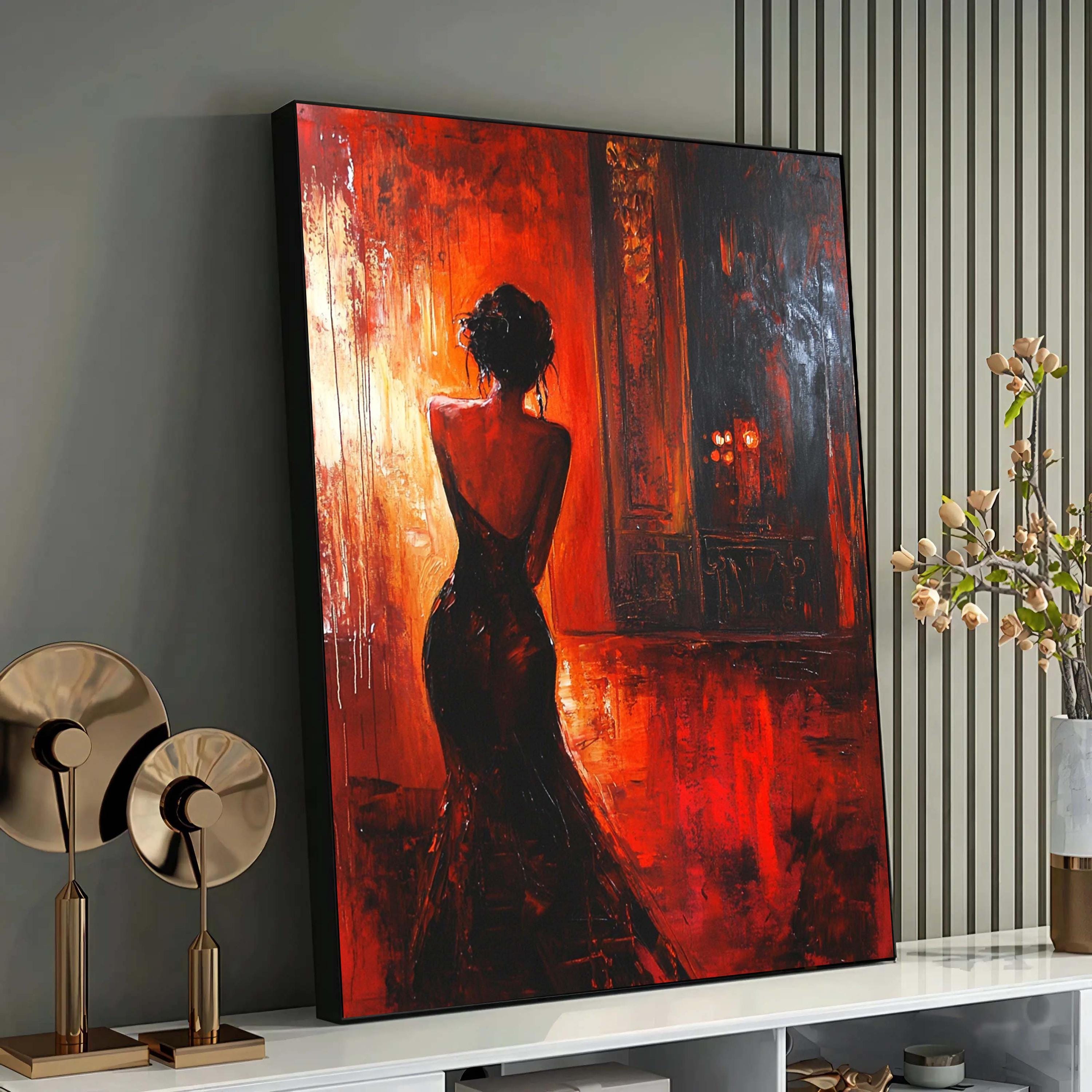 Elegant Woman in Red Dress Painting, Romantic Abstract Art, Dramatic ...