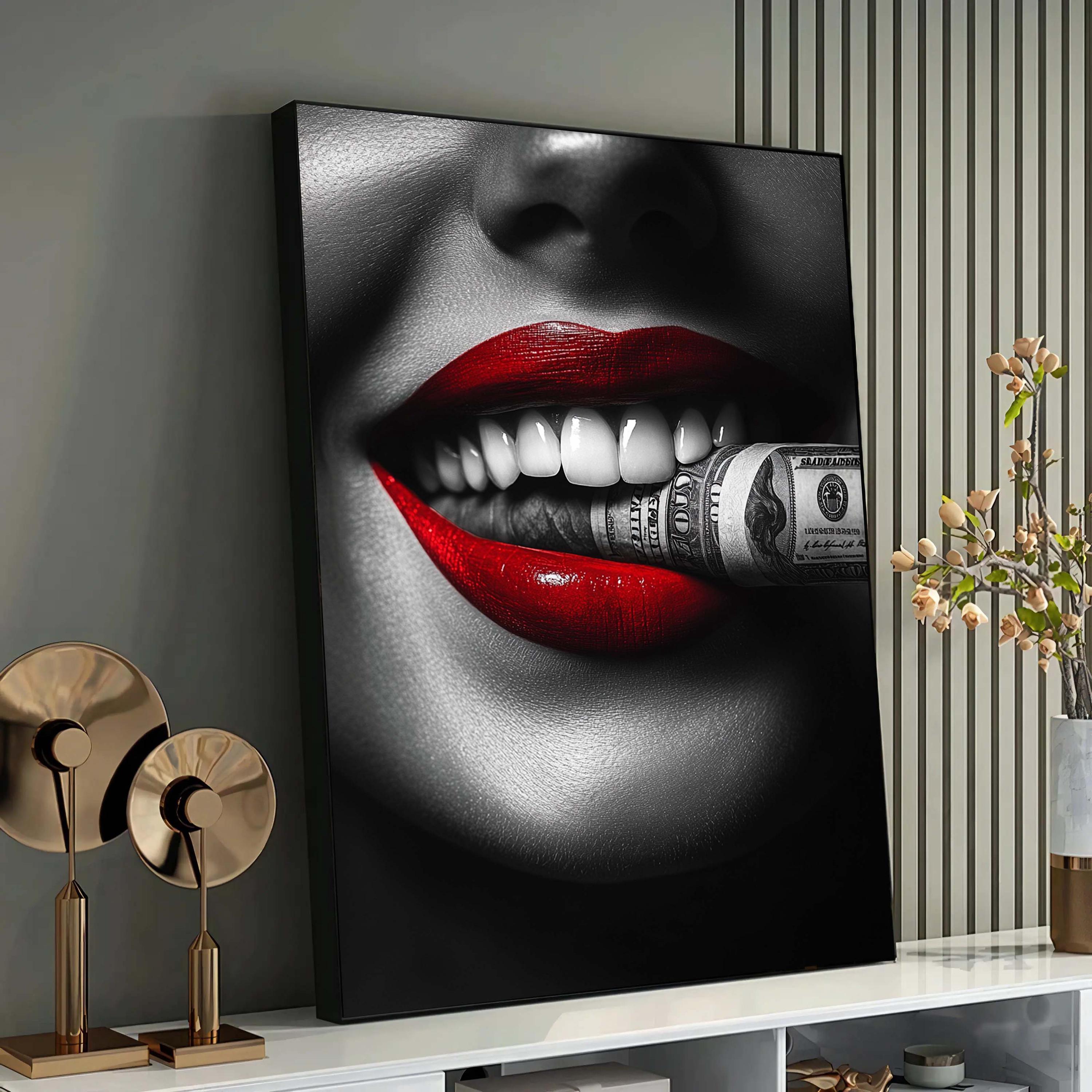 Bold Red Lips Money Art, Pop Art Money Lips Print, Modern Glam Wall ...
