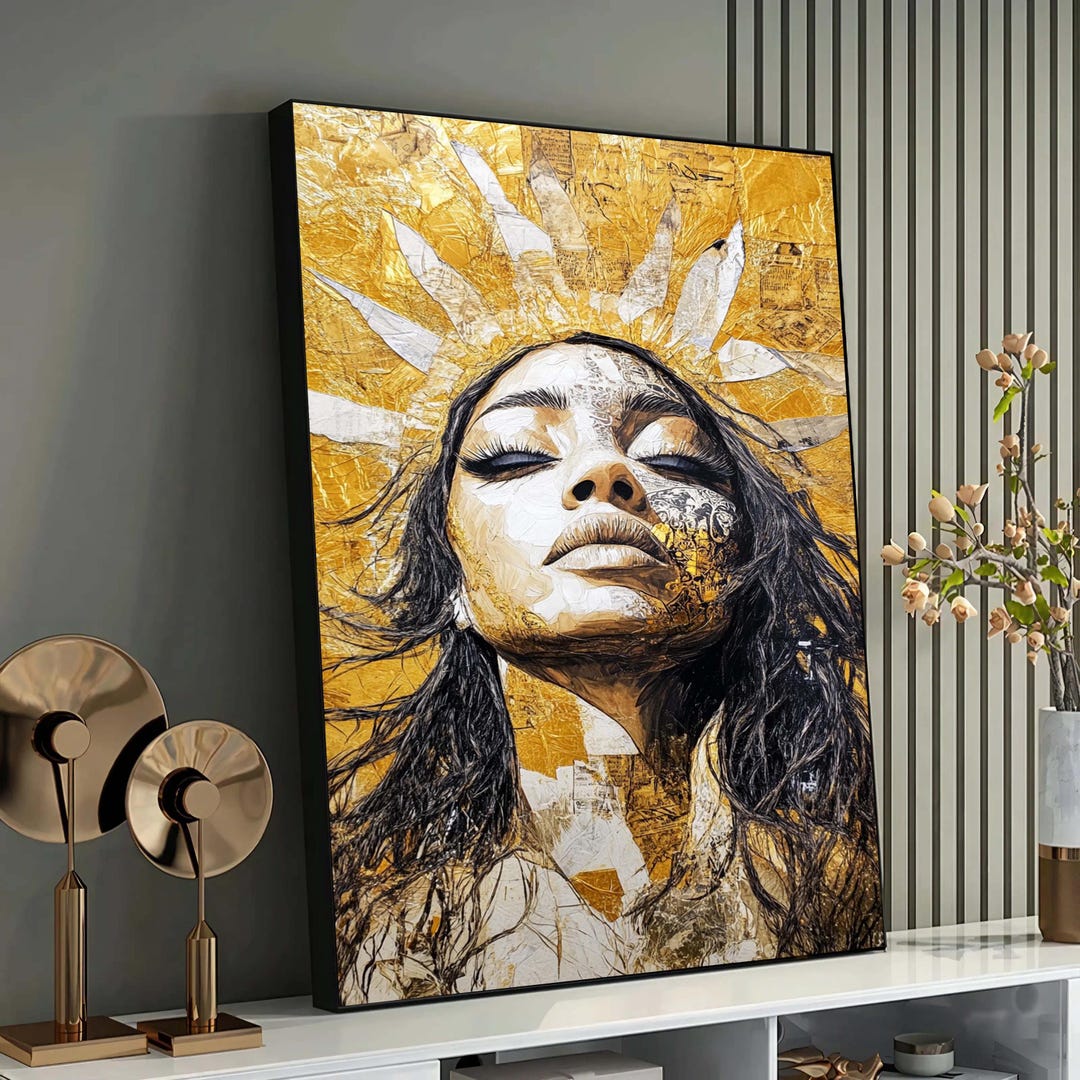 Golden Sun Goddess Art, Abstract Female Portrait, Gold Textured Canvas ...