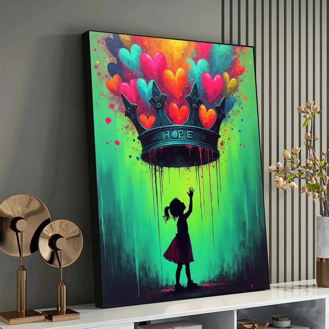 Hopeful Girl With Crown Canvas, Vibrant Heart Art, Inspirational Street ...