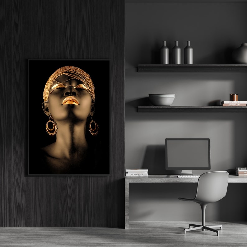 Elegant Gold Lip African Queen Portrait - Bold Black and Gold Canvas ...