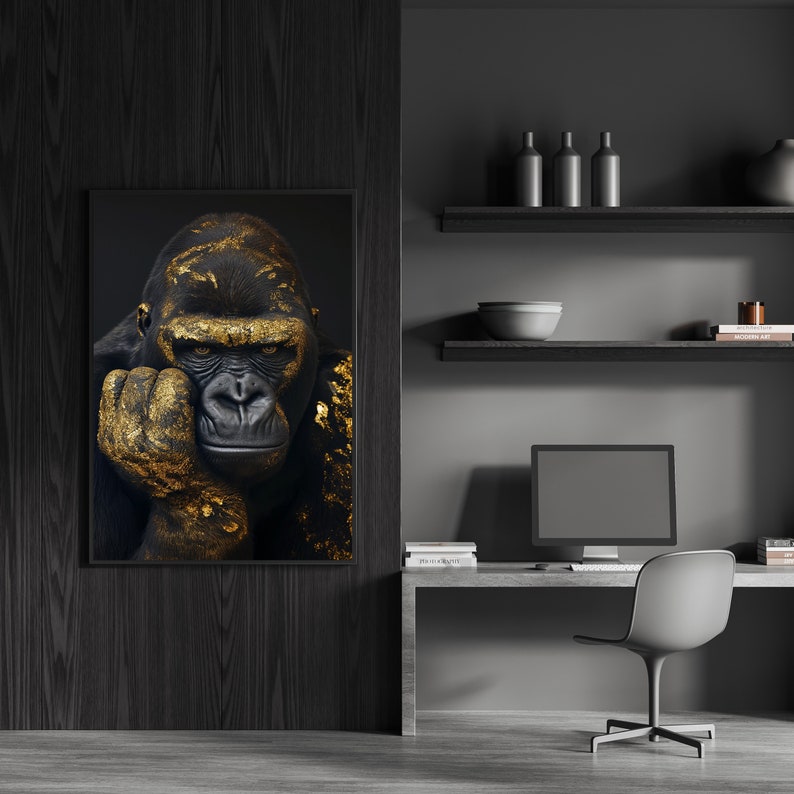 Gorilla Portrait Gold - Striking Wildlife Canvas Print, Modern Animal ...