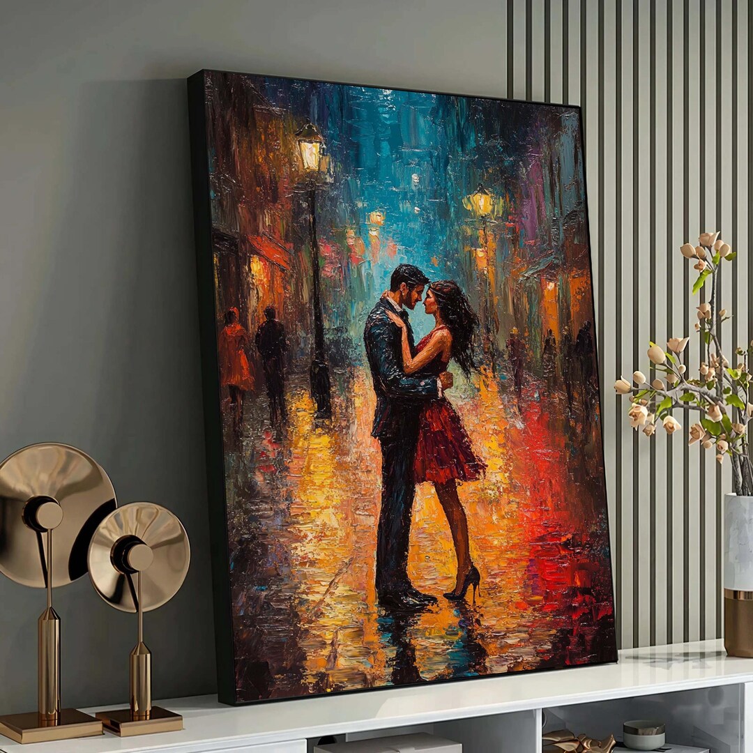 Romantic Couple in City Lights, Rainy Night Love Scene, Impressionist ...