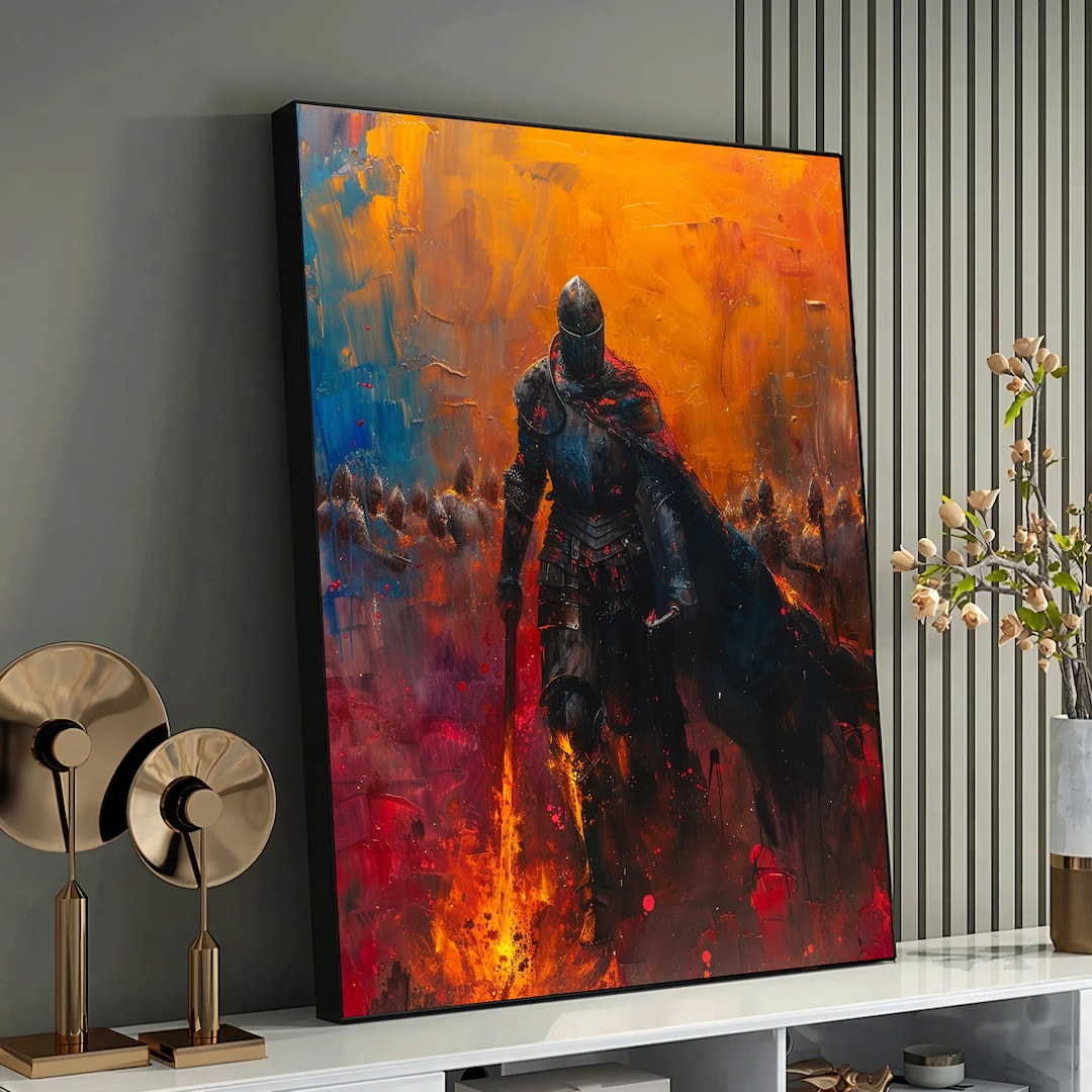 Fiery Warrior Knight Art Print - Dynamic Battle Scene Painting ...