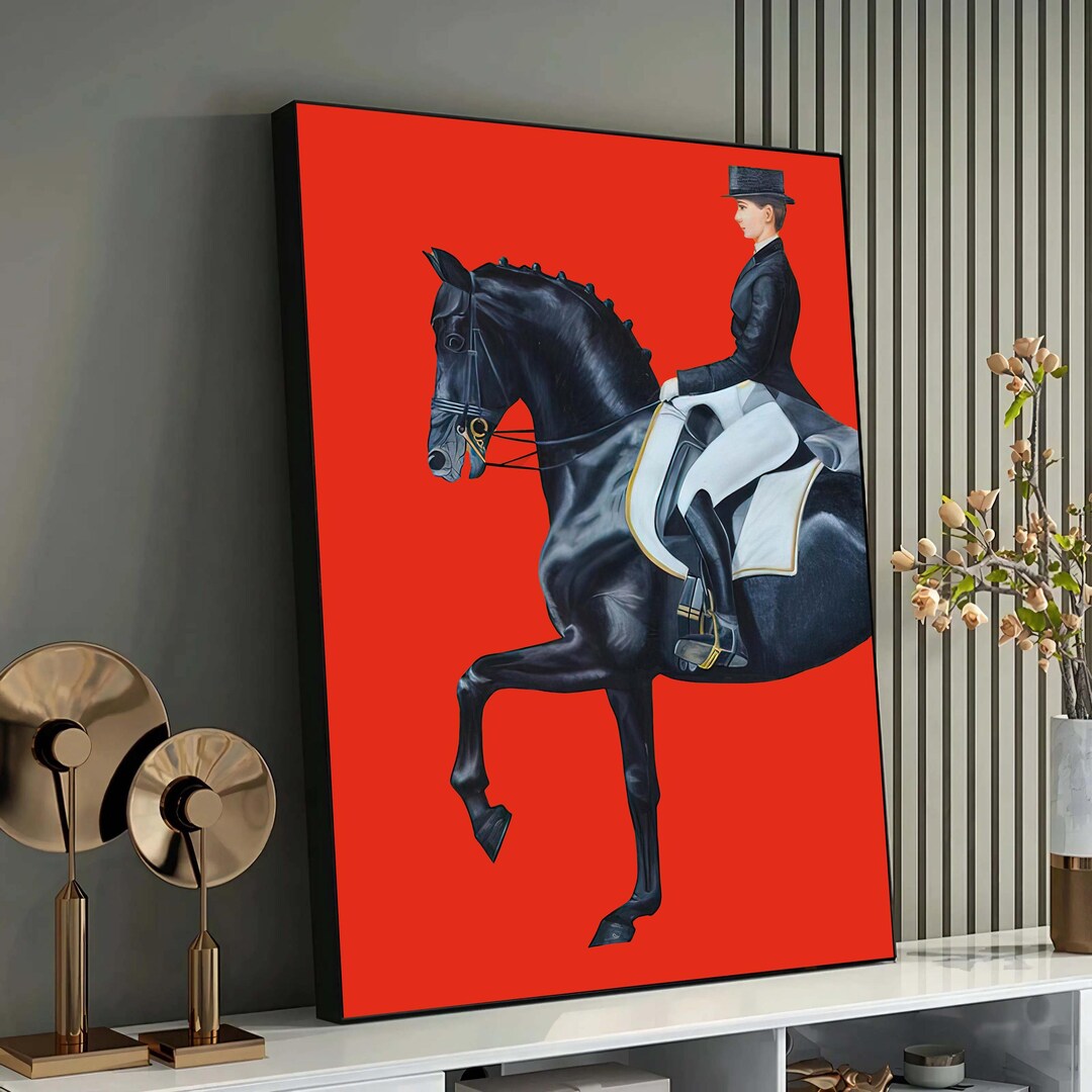 Elegant Black Stallion Equestrian Art, Modern Horse Canvas, Bold Red ...