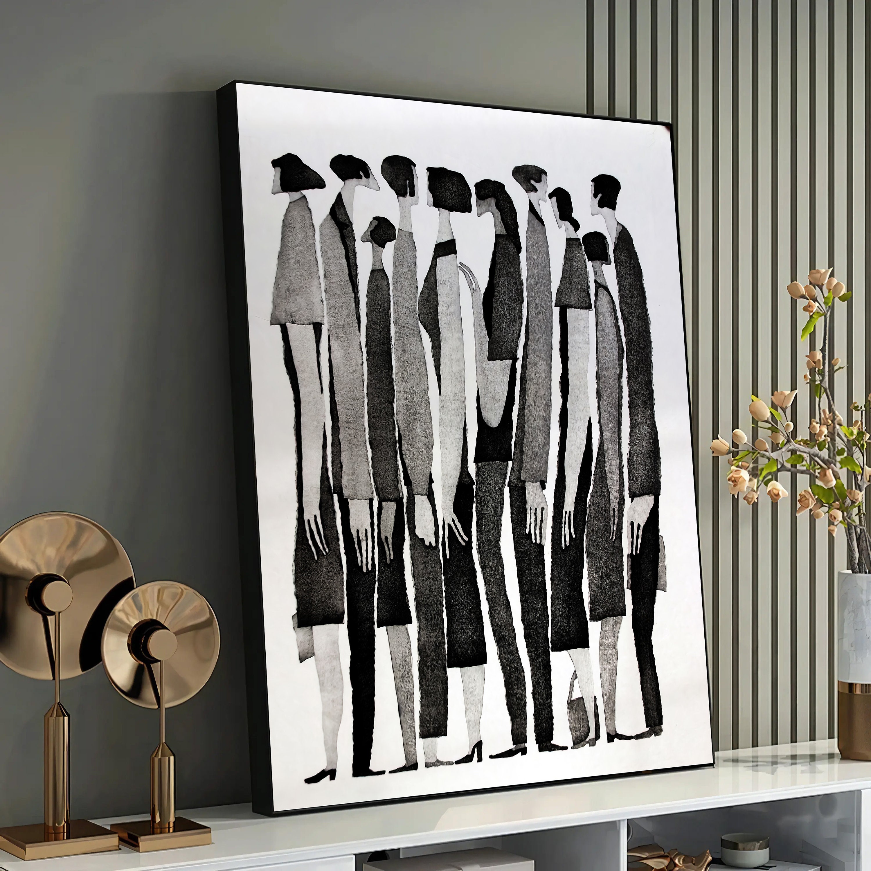 Abstract Silhouette Crowd Canvas Art - Modern Home Decor, Monochrome ...