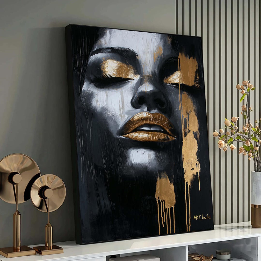 Gold and Black Abstract Female Portrait, Glamour Wall Art, Modern ...