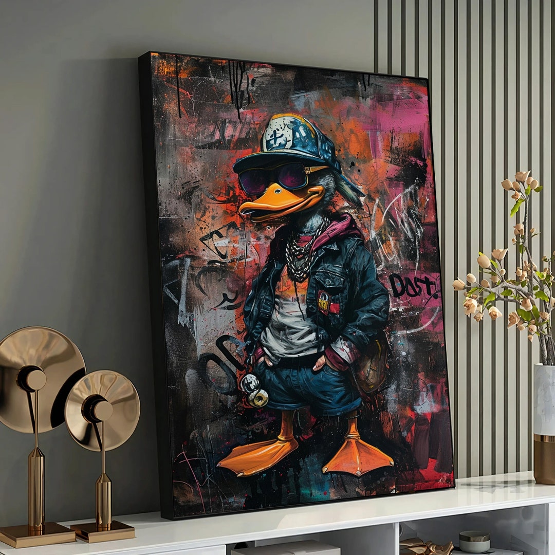 Urban Fashion Duck Canvas Art - Street Style Animal Graffiti - Hip and ...