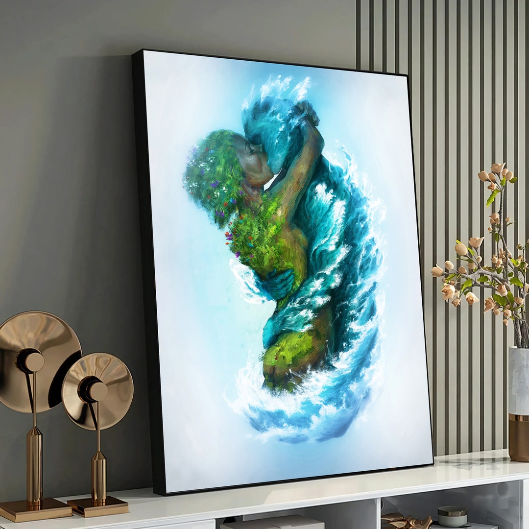 Embrace of Nature - Elemental Lovers Canvas Print, Earth and Water Kiss ...