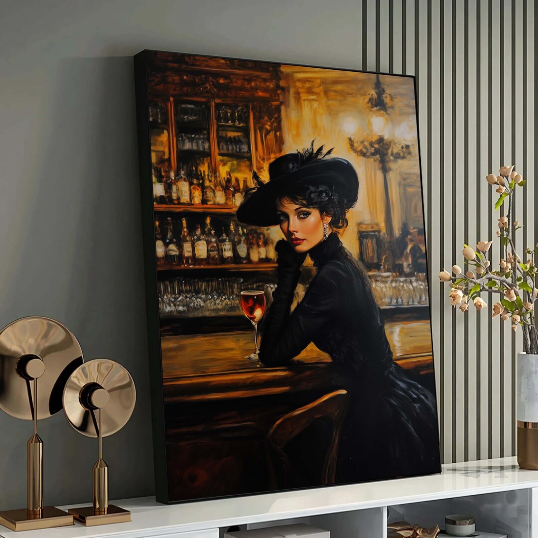 Classy Woman at a Vintage Bar | Elegant Portrait in Oil Print Painting ...