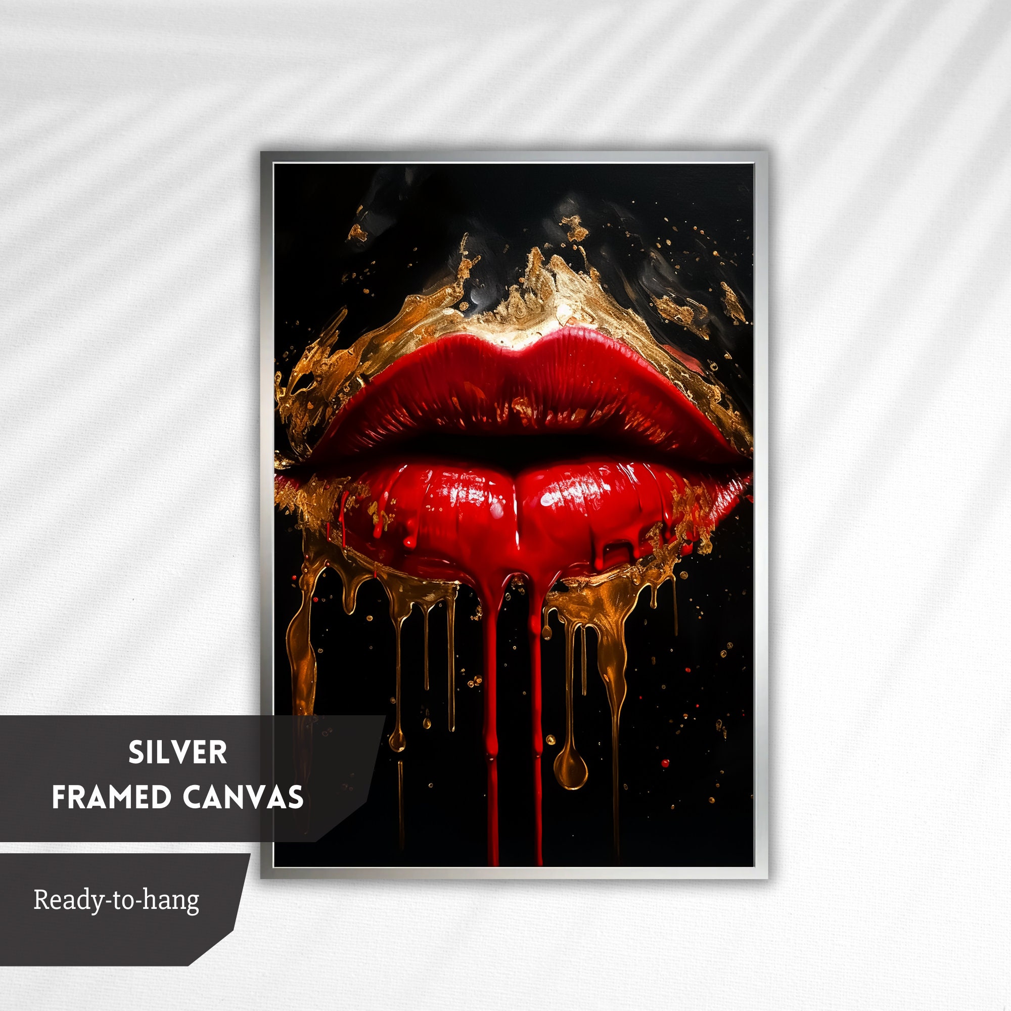 Luxurious Red Lips Art Print Bold Lipstick Wall Art, Gold Drip Mouth ...