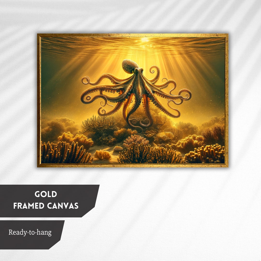 Majestic Golden Octopus Art Print - Oceanic Grace Canvas, Underwater ...