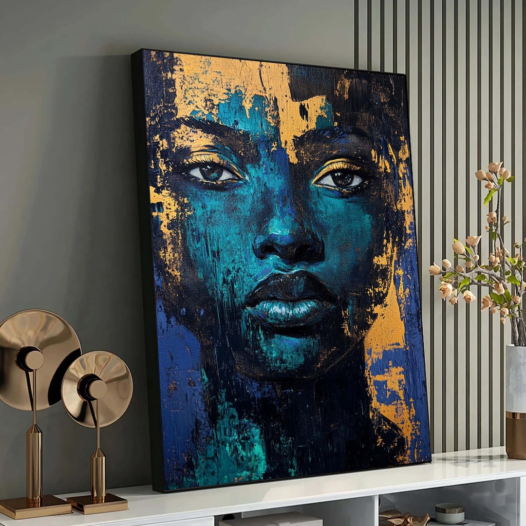 Bold Blue and Gold Abstract Portrait, Afro Beauty Wall Art, Modern ...