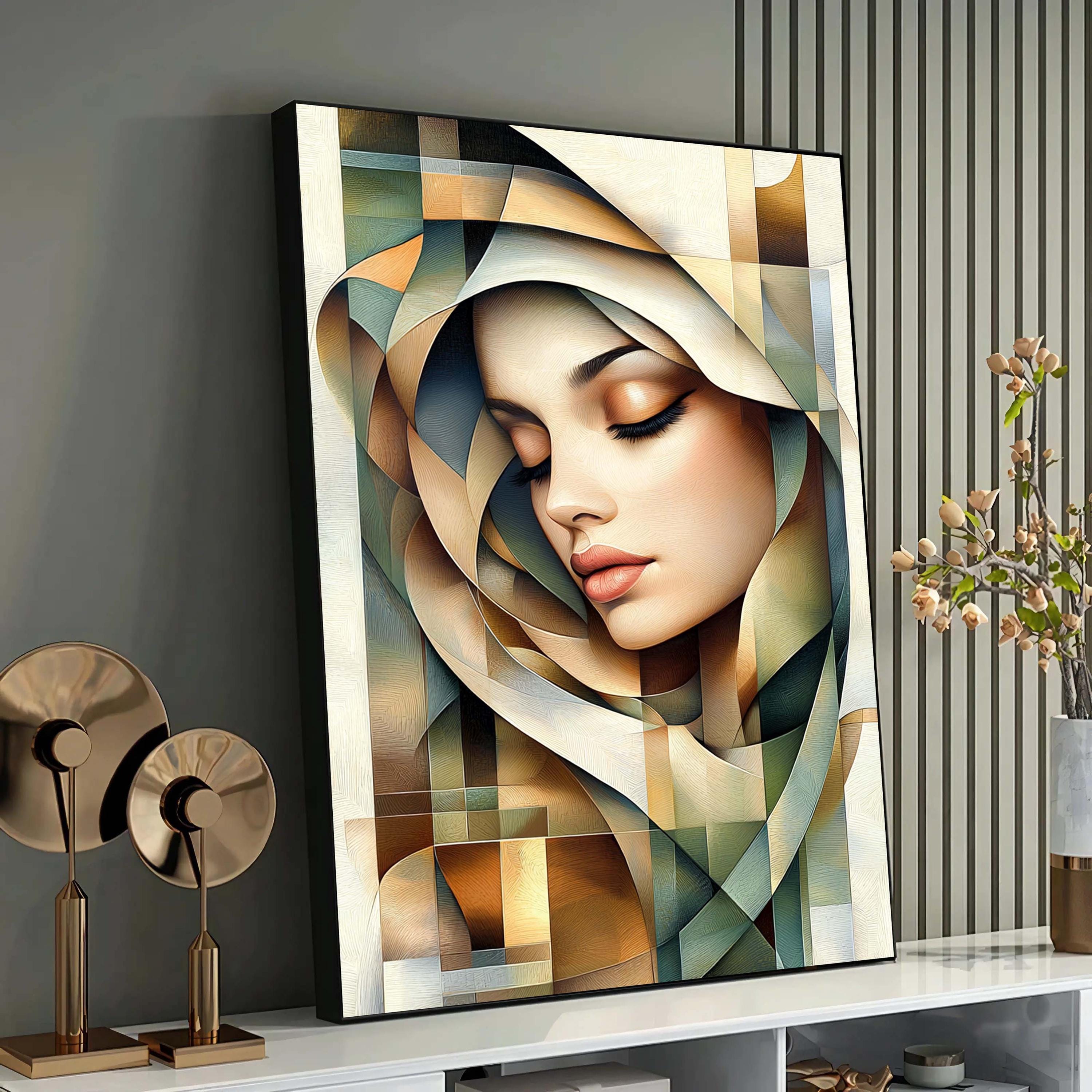 Geometric Woman Portrait – Soft Cubist Art, Modern Abstract Female Face ...