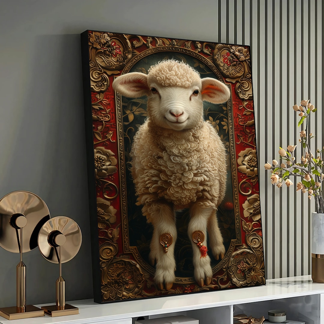 Ornate Golden Embellished Lamb Art Luxurious Woolly Sheep Portrait on ...