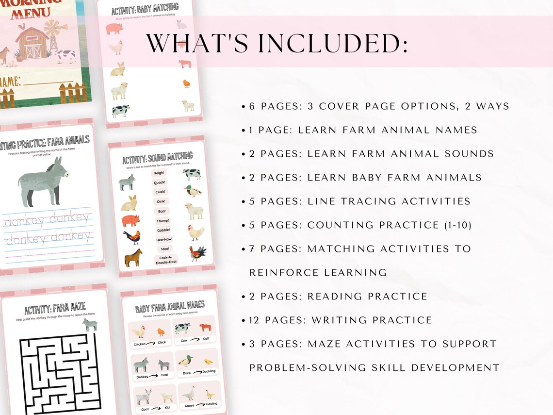 FARM ANIMALS Printable Activity Book, Toddler Busy Book, Learning ...