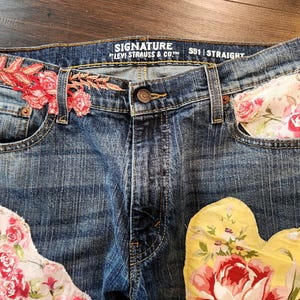 Levi S51 Upcycled Boyfriend Jean With Shabby Chic Floral Bird Design - Etsy