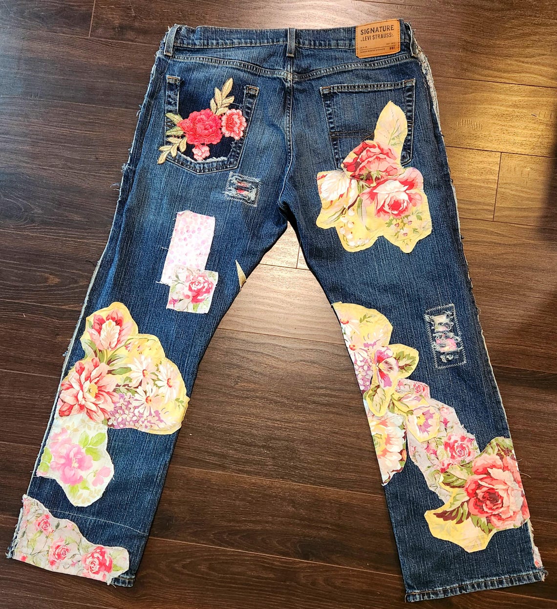 Levi S51 Upcycled Boyfriend Jean With Shabby Chic Floral Bird Design - Etsy
