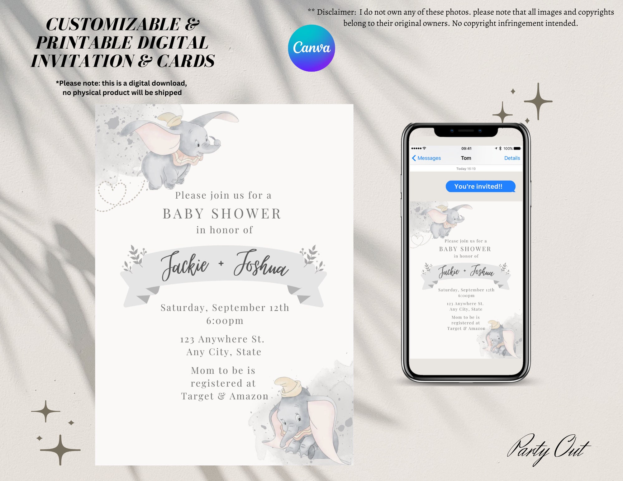 Disney Baby Dumbo Baby Shower Digital Invitation and Matching Books and ...