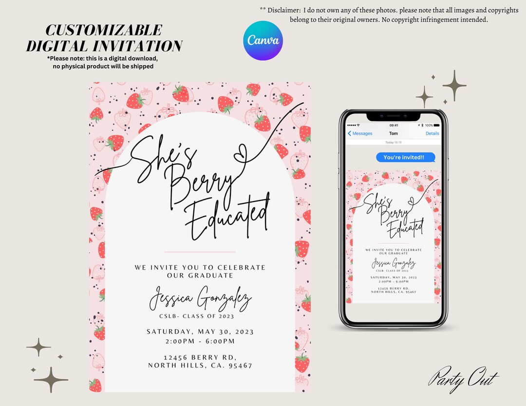 Berry Educated Strawberry Graduation Party Celebration Invitation ...