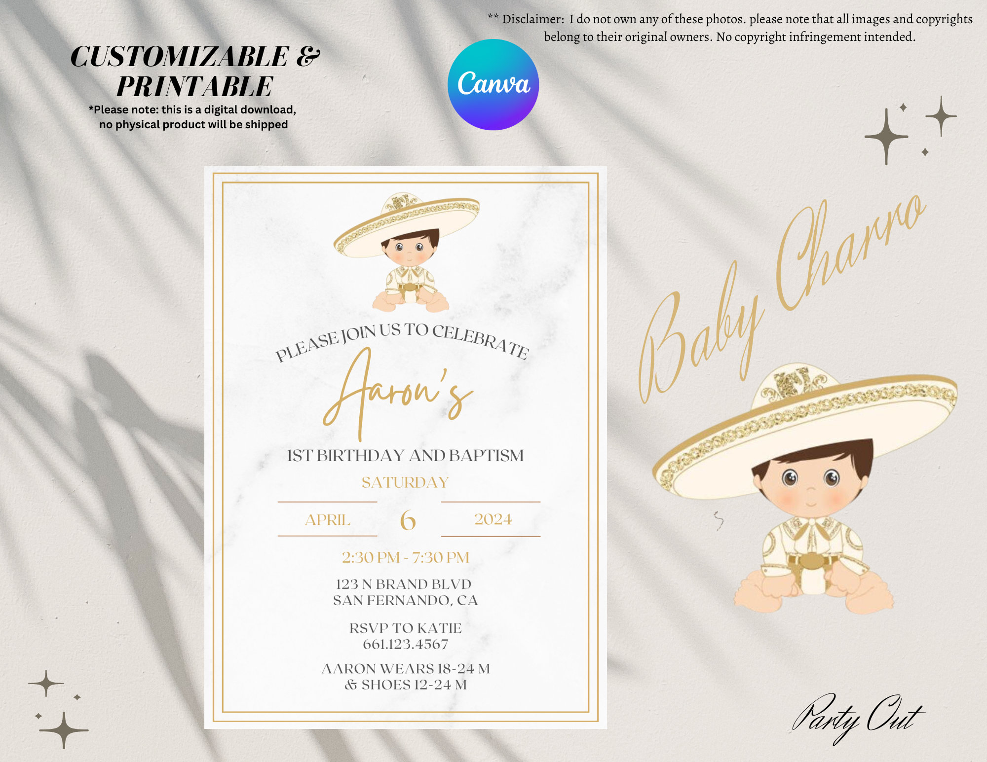 Charro Theme Baptism/ Bautizo Birthday Invitation Editable and ...