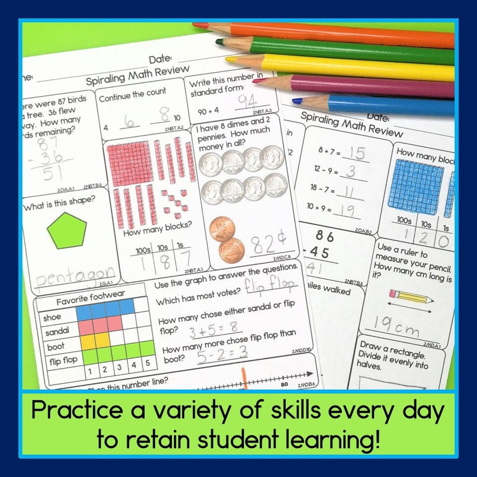 2nd Grade Math Spiral Review Morning Work Homework Warm Ups Month 1 - Etsy