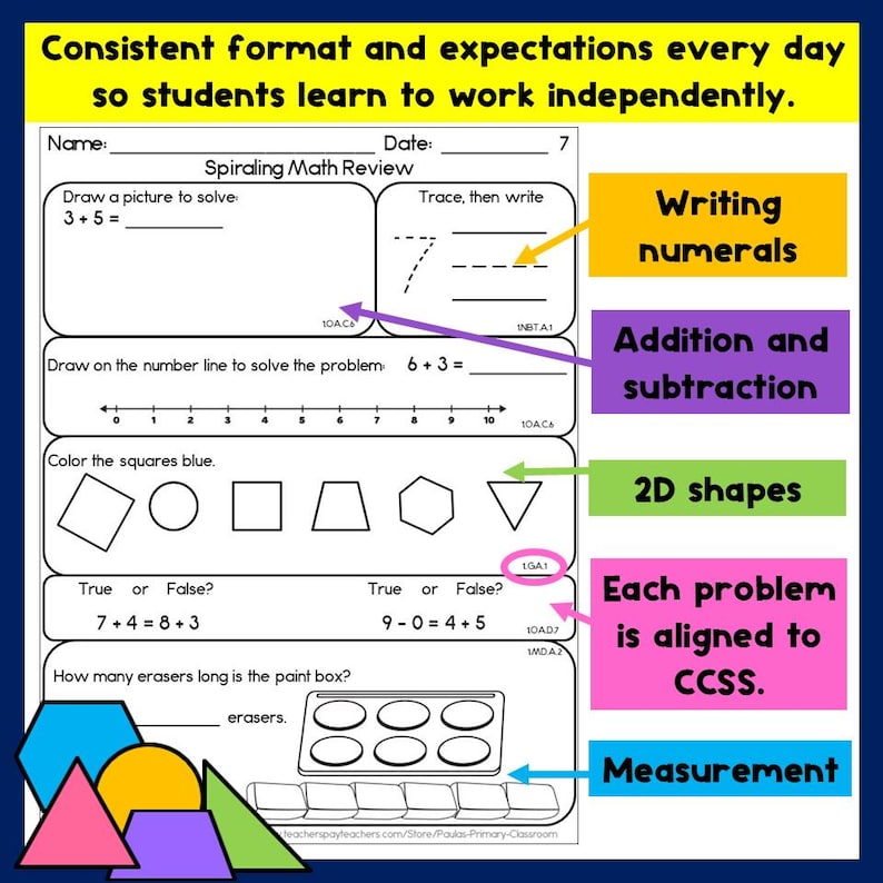 1st Grade Daily Math Spiral Review Worksheets Morning Work August ...