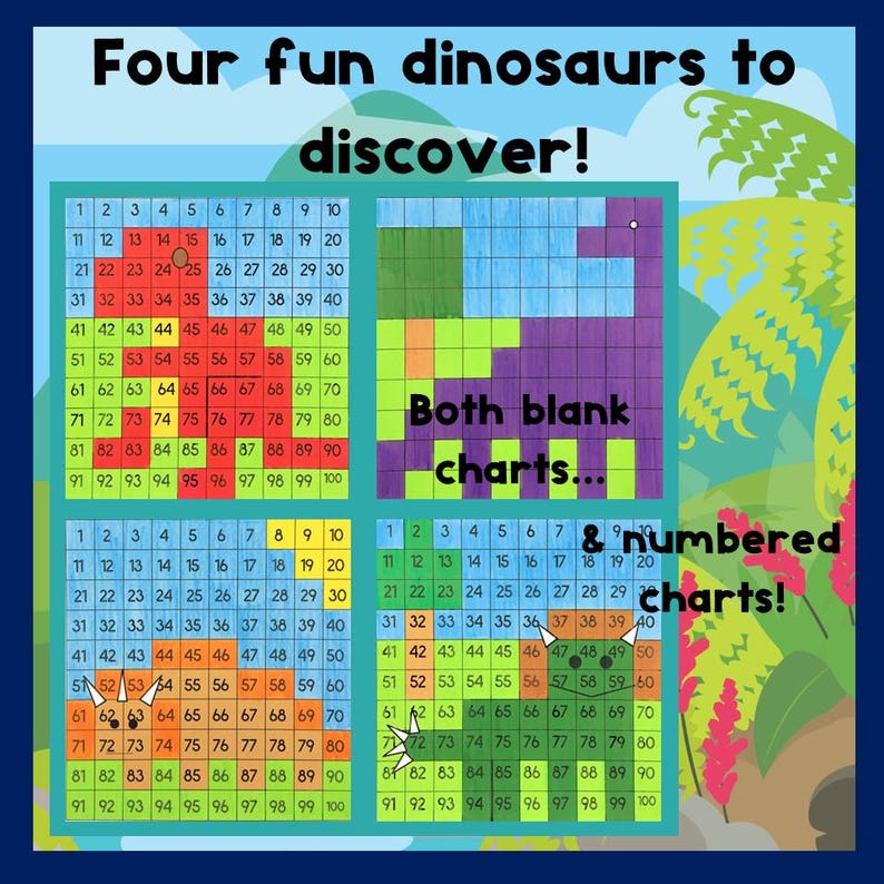 Dinosaurs 100s Chart Math Numbered and Blank 100 Chart Mystery Pictures ...