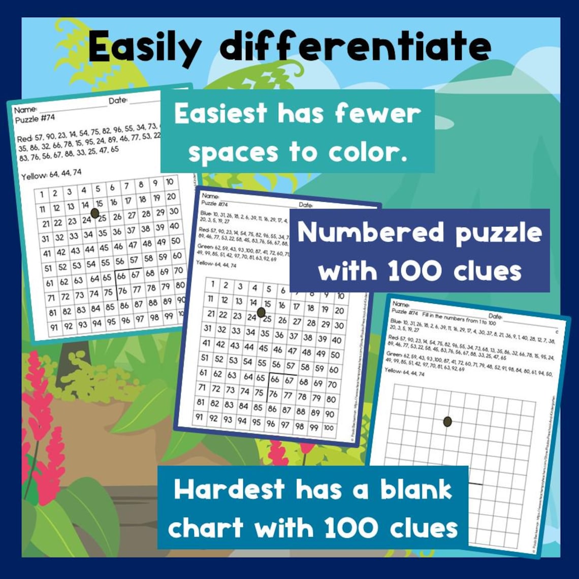 Dinosaurs 100s Chart Math Numbered and Blank 100 Chart Mystery Pictures ...