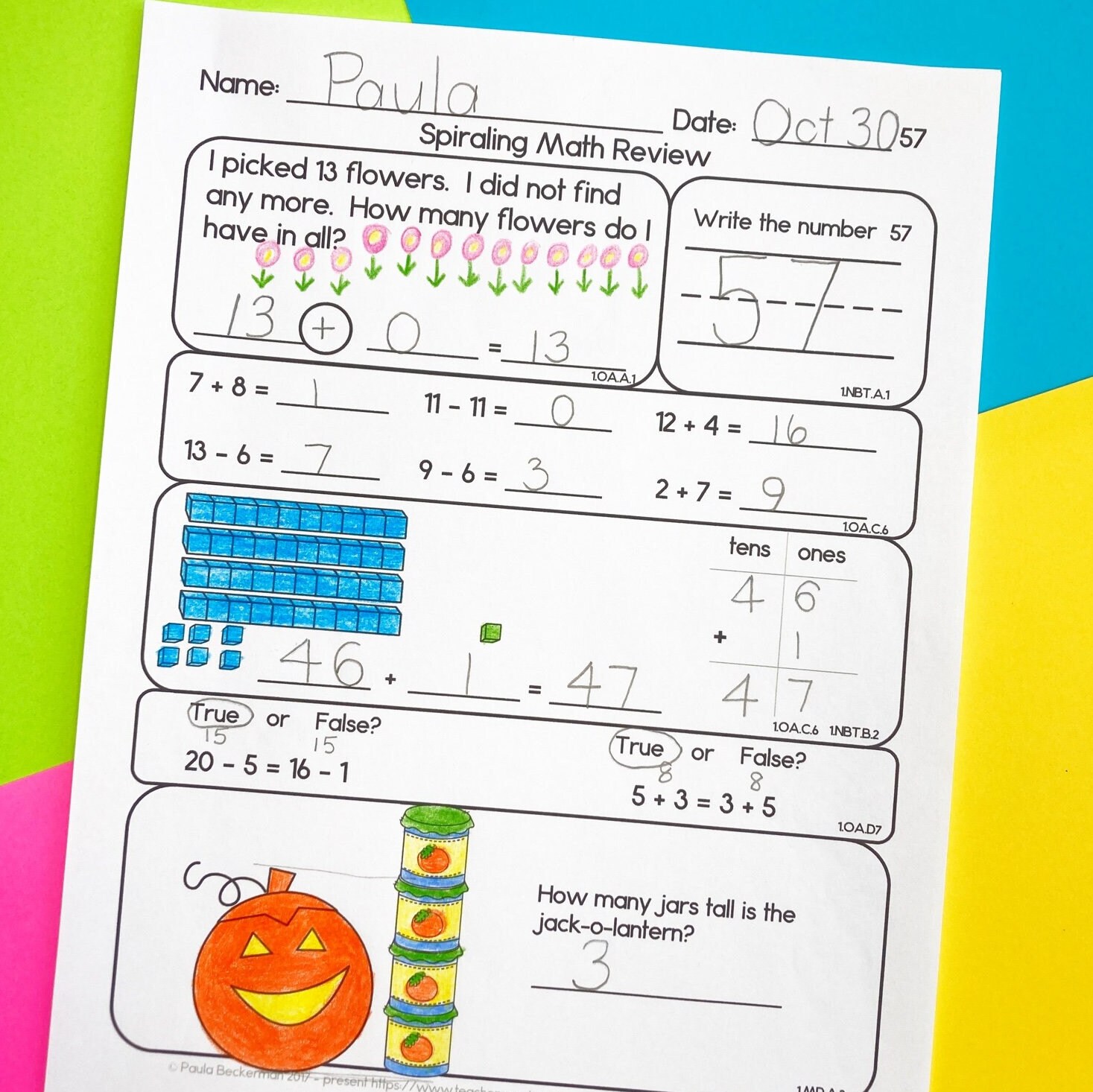 Math Spiral Review Daily Worksheets Morning Work Homework Month 3 Fall ...