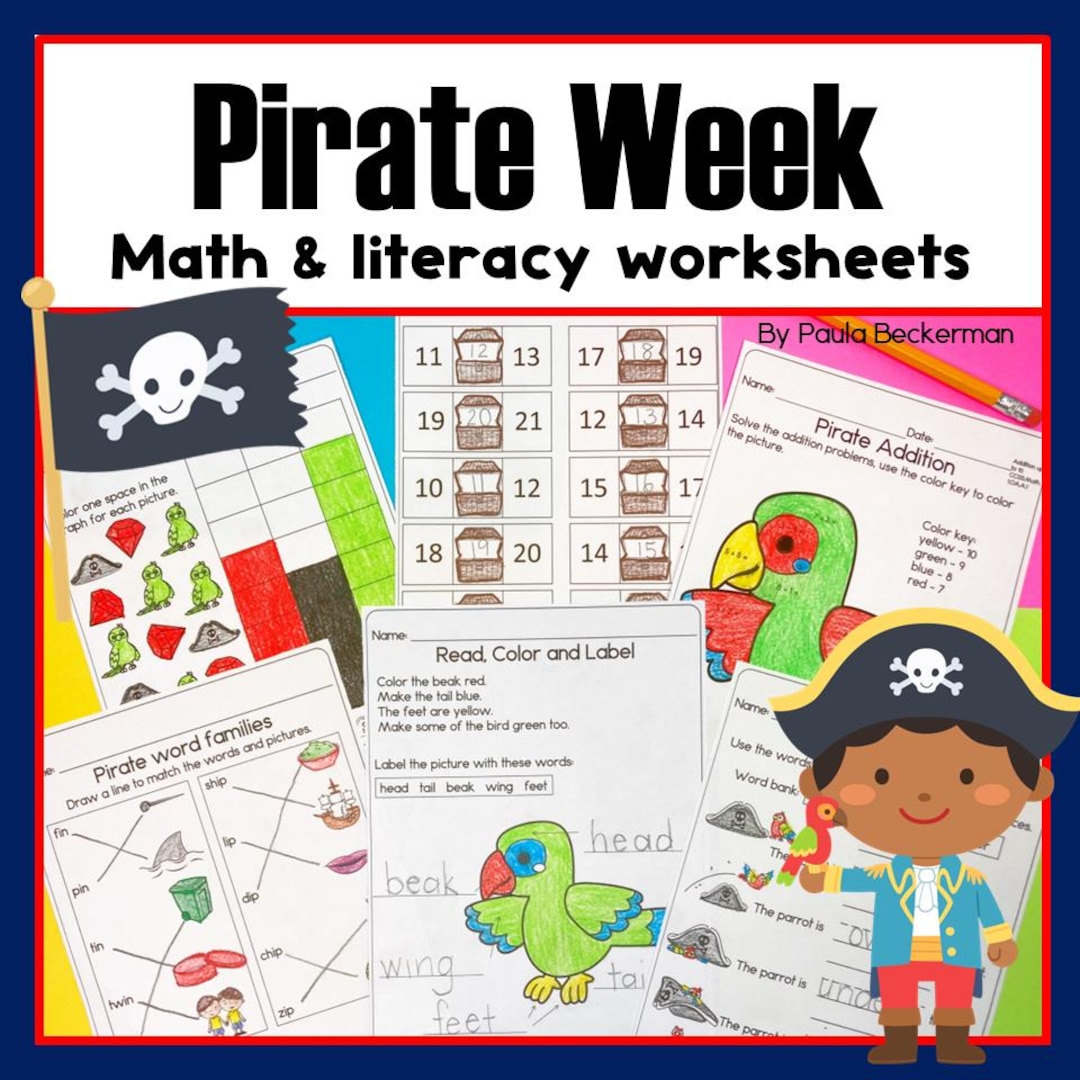 Pirate Math & Literacy Kindergarten Worksheets: Patterns, Shapes, CVC ...