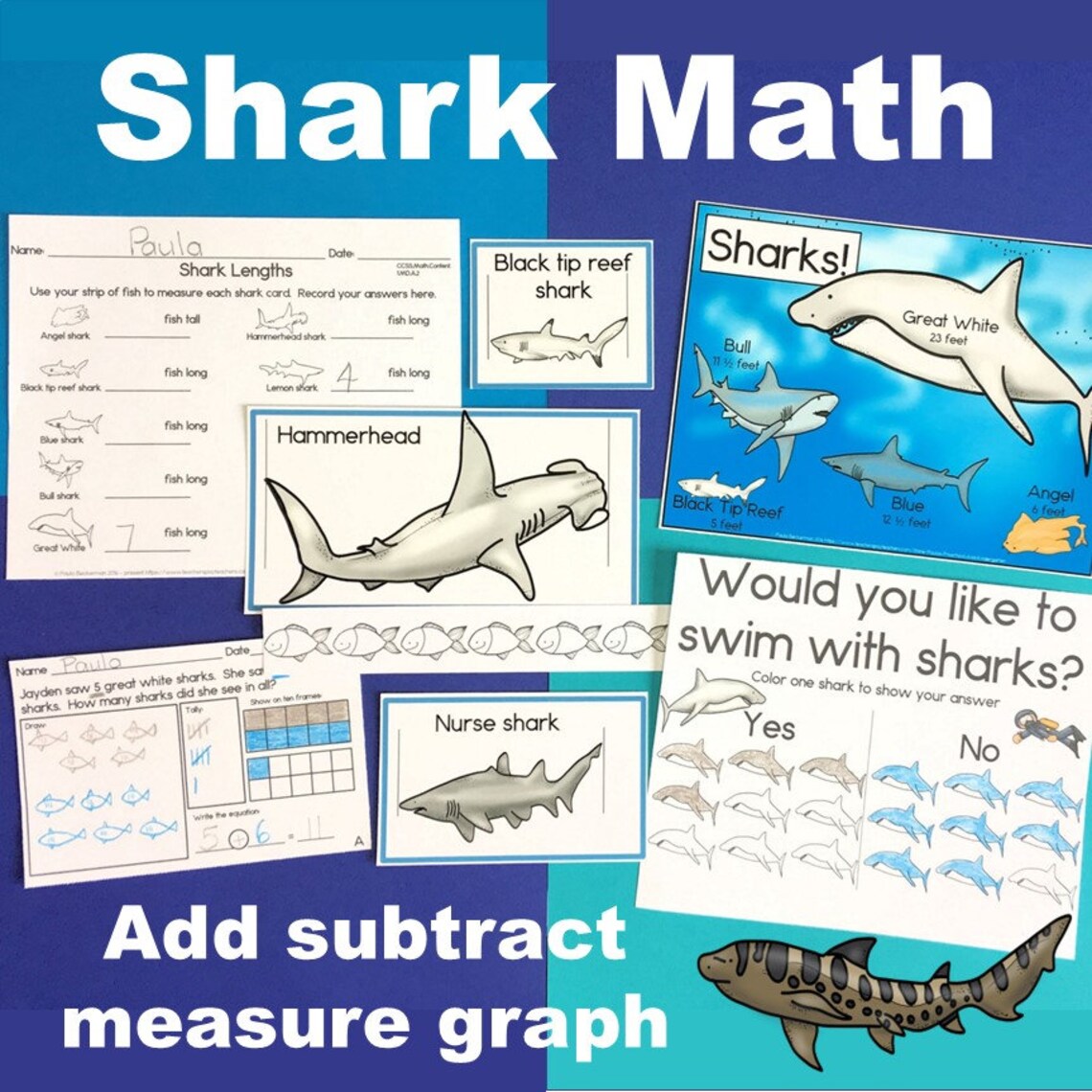 Shark Math With Measurement Graphing Addition and Subtraction - Etsy
