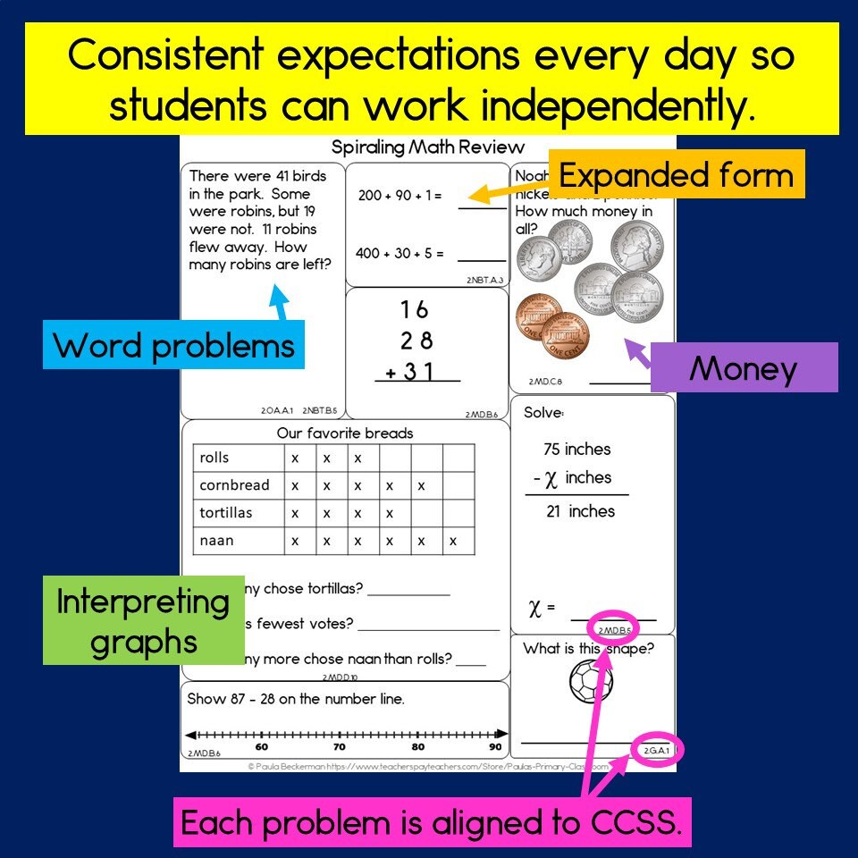 2nd Grade Math Spiral Review | Morning Work | Homework | Warm Ups Month ...