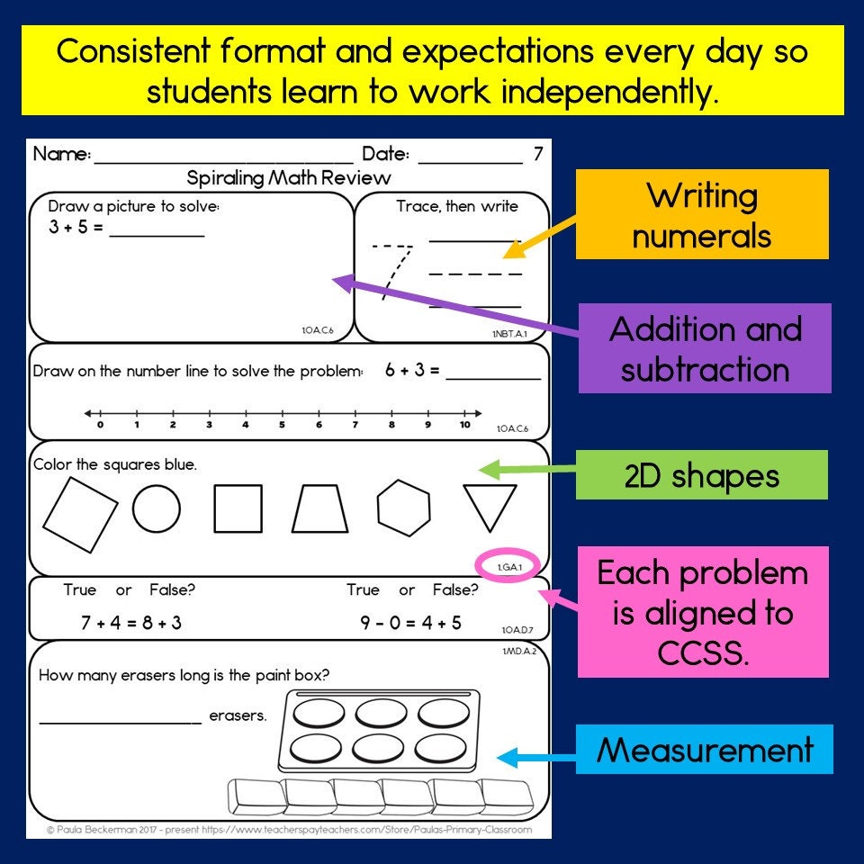Math Spiral Review Daily Worksheets Morning Work Homework Month 1 - Etsy