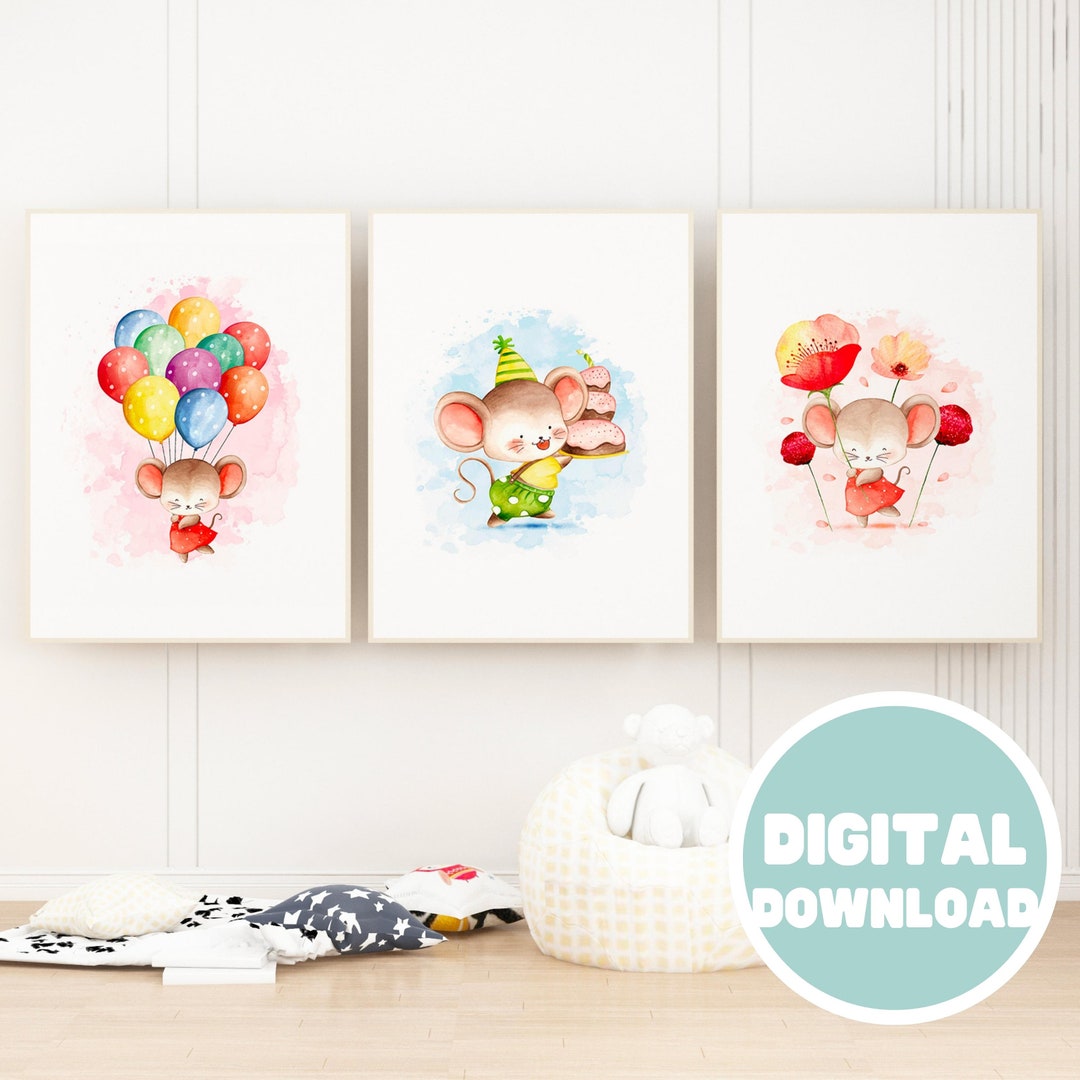 Set of 3 Cute Little Mice Printable Girl, Mice Nursery Decor, Nursery ...