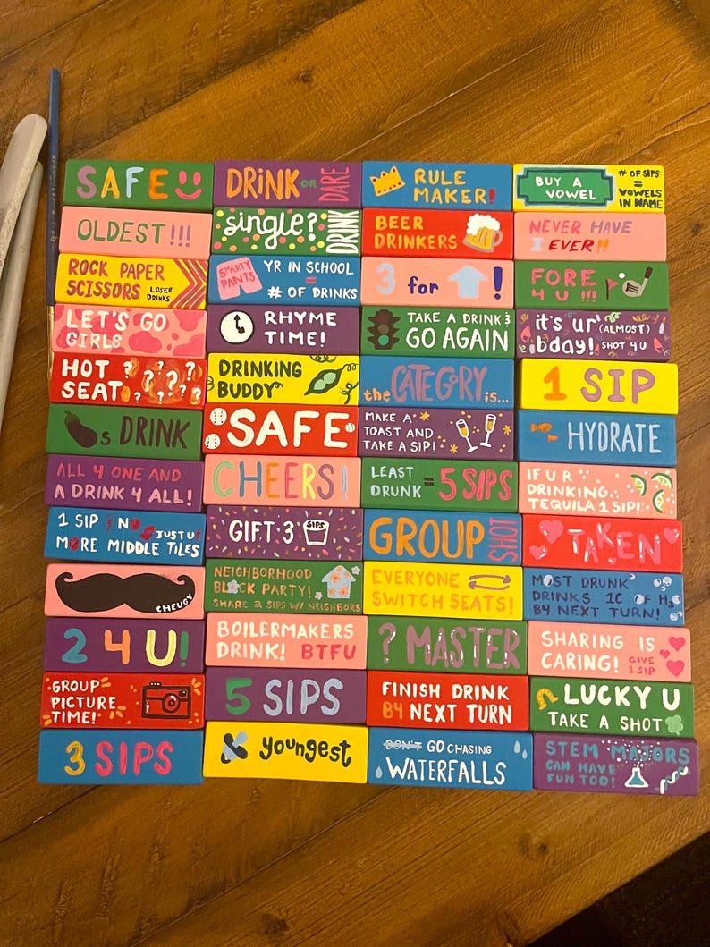 Hand Painted Wood Block Tower Tiles | Custom Adult Drinking Block Game ...