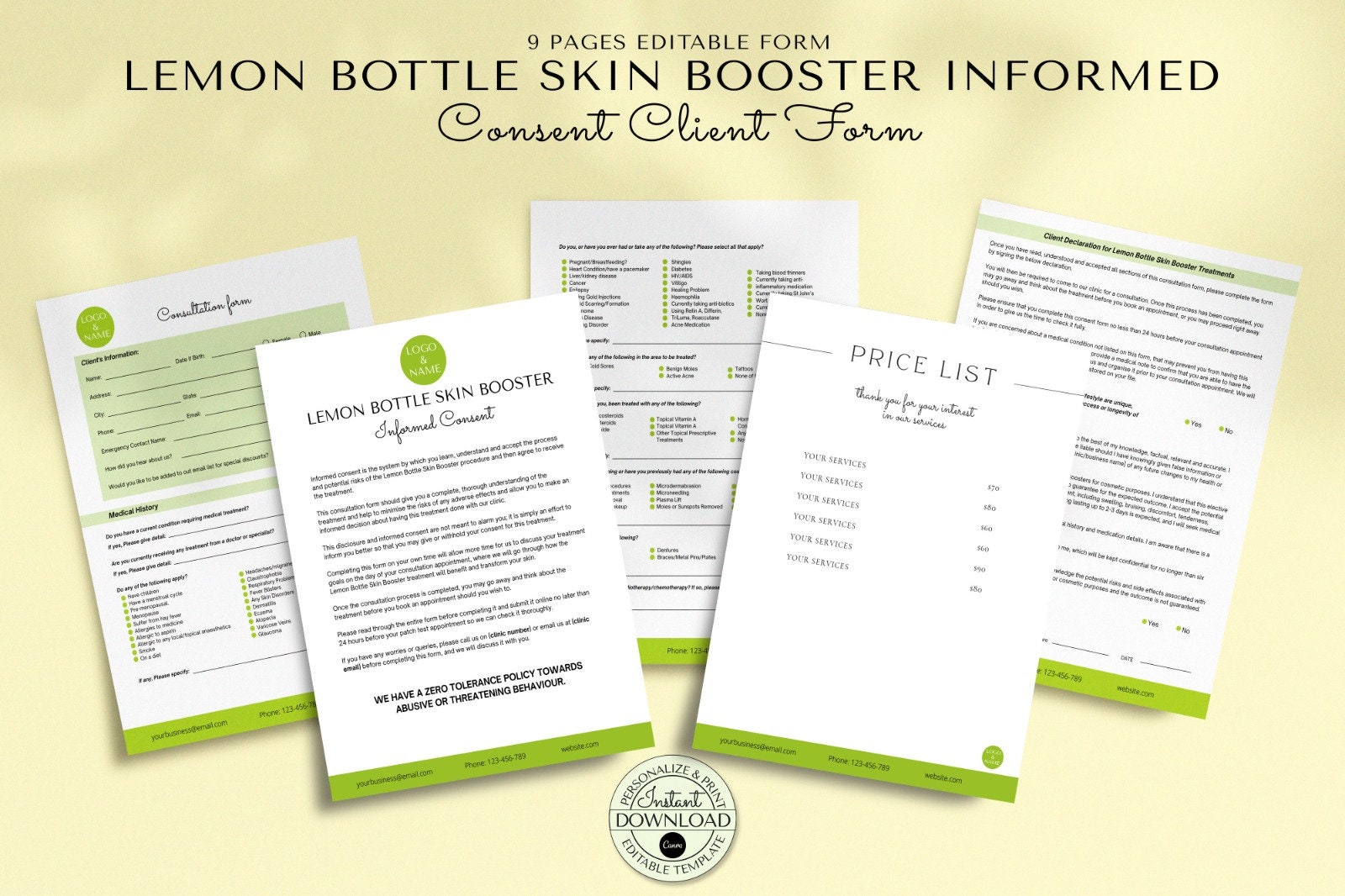 Editable Lemon Bottle Skin Boosters Consultation Forms, Customisable ...