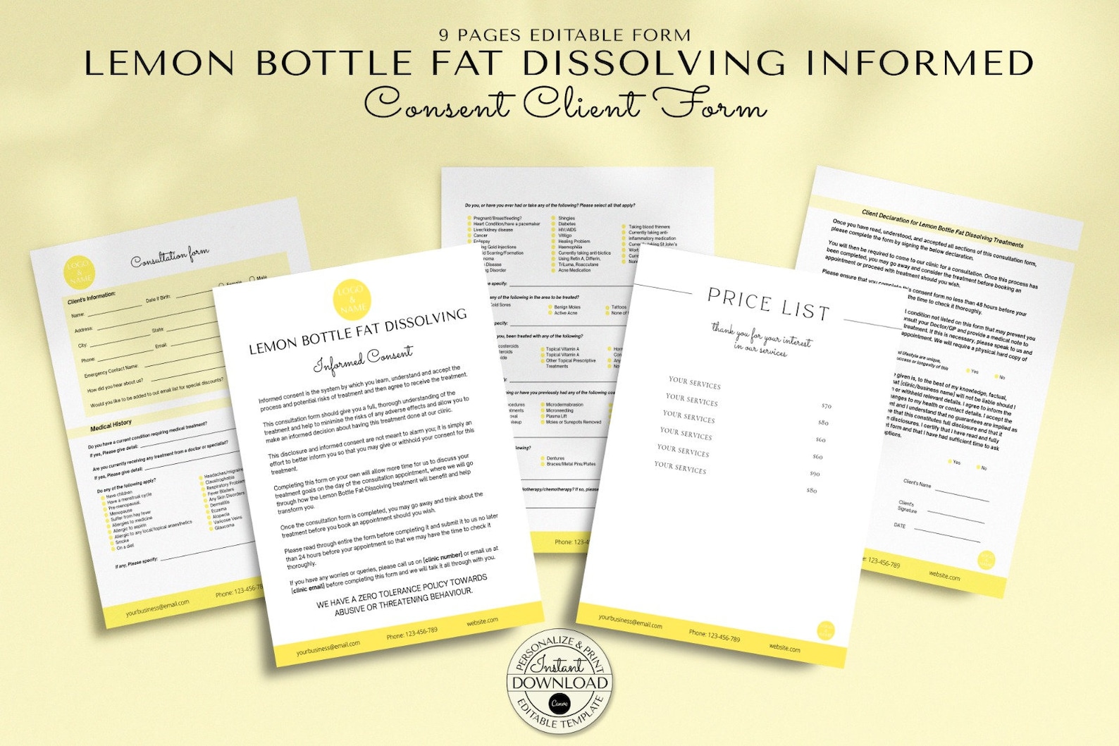 Editable Lemon Bottle Fat Dissolving System Consultation Forms ...