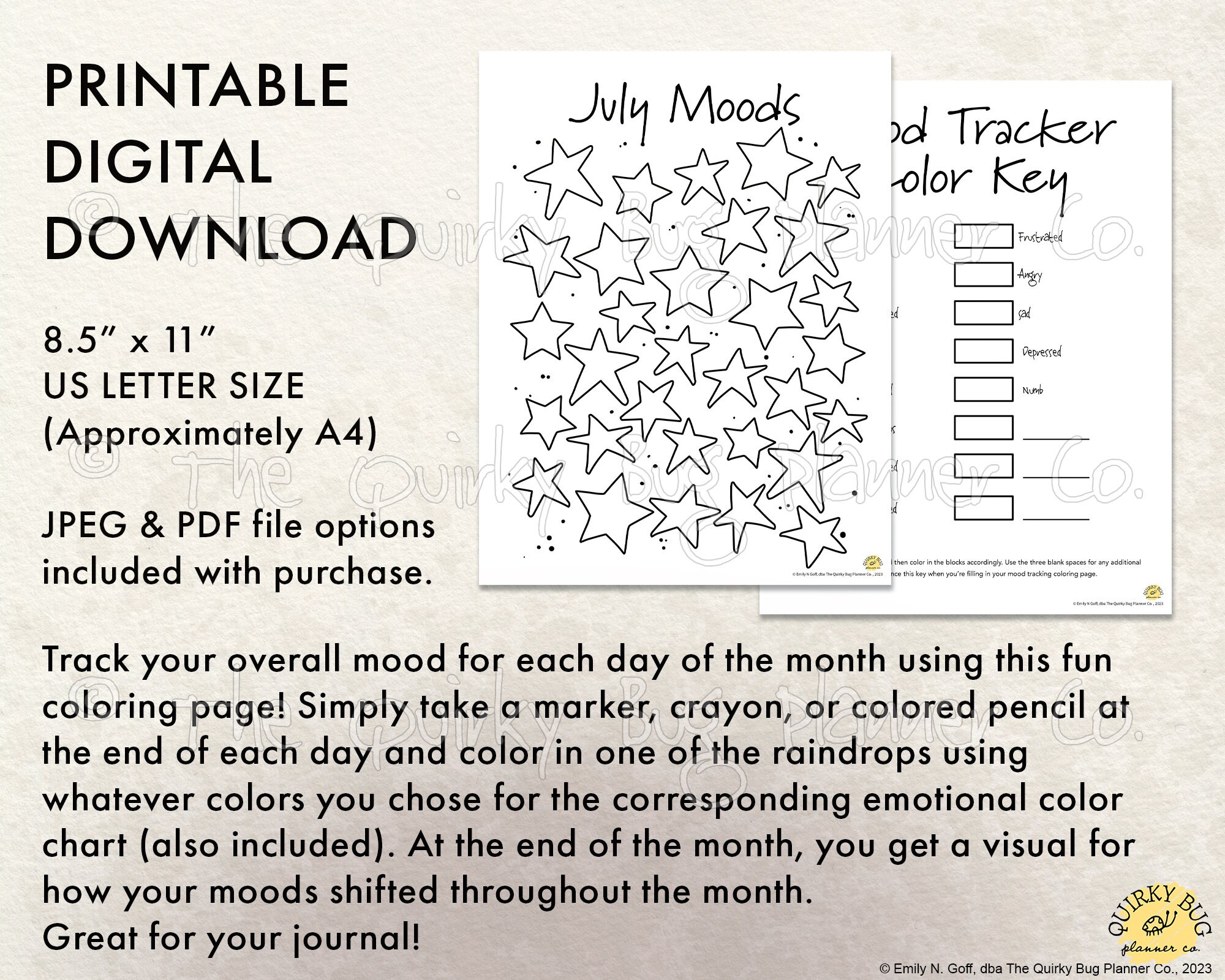 July Stars Mood Tracking Coloring Page + Color Key Page - Printable ...