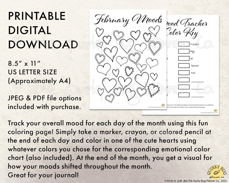 February Hearts Mood Tracking Coloring Page + Color Key Page ...