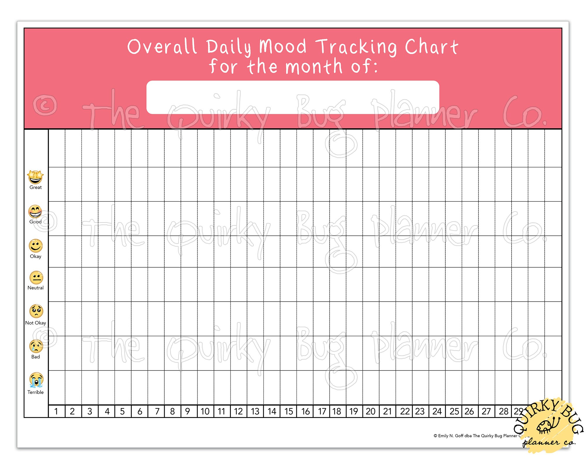 Monthly Mood Tracking Chart, PINK - Printable Digital Download - Etsy