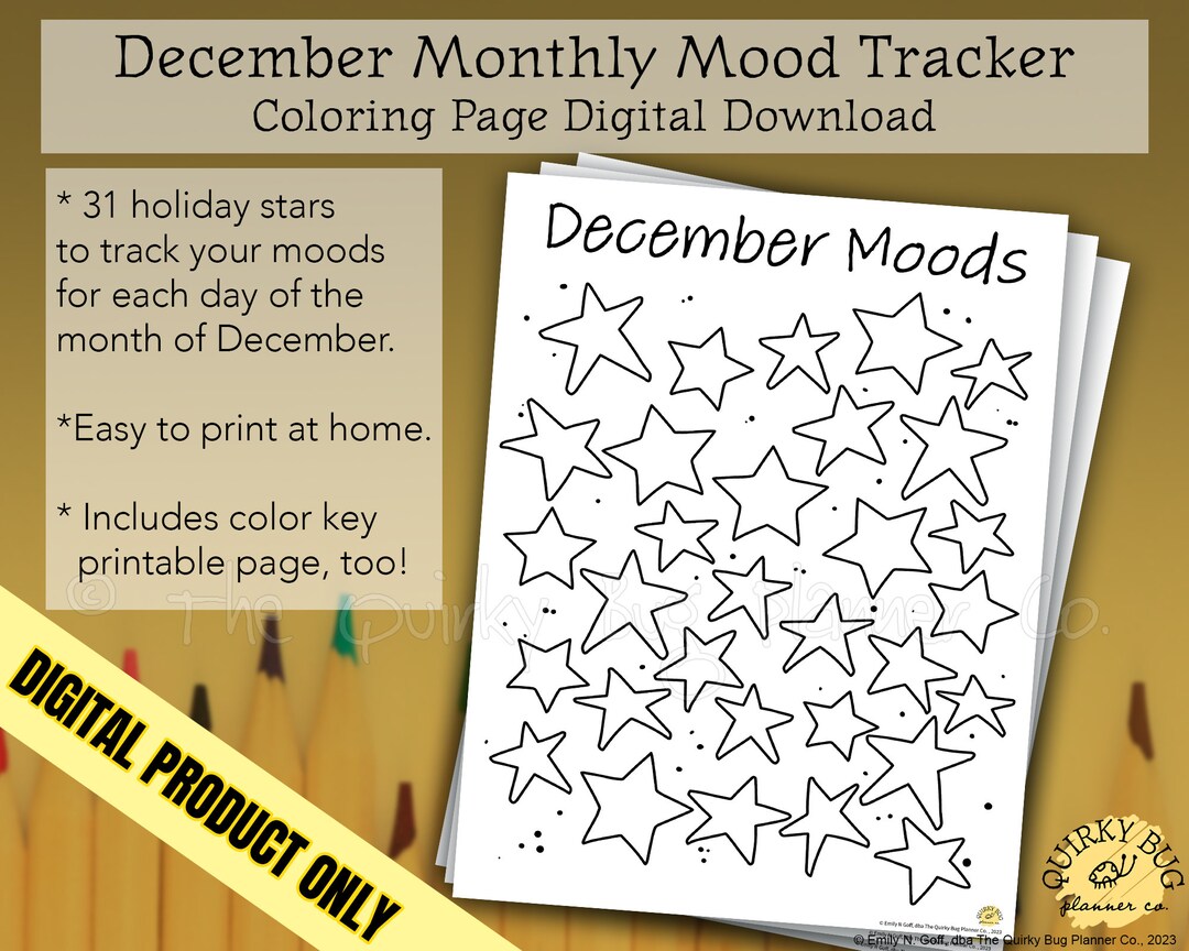 December Stars Mood Tracking Coloring Page + Color Key Page - Printable ...