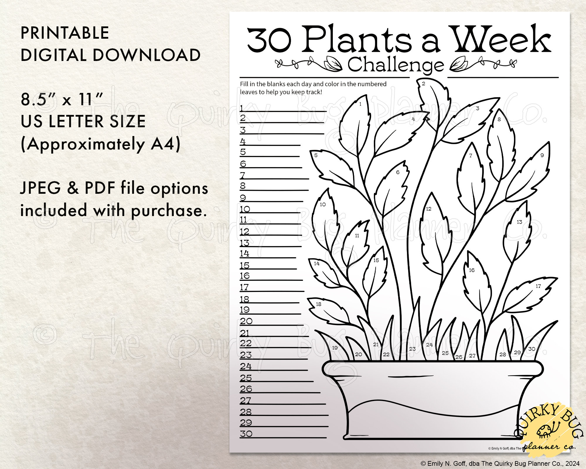 30 Plants a Week Challenge Tracker & Coloring Page Printable Digital ...