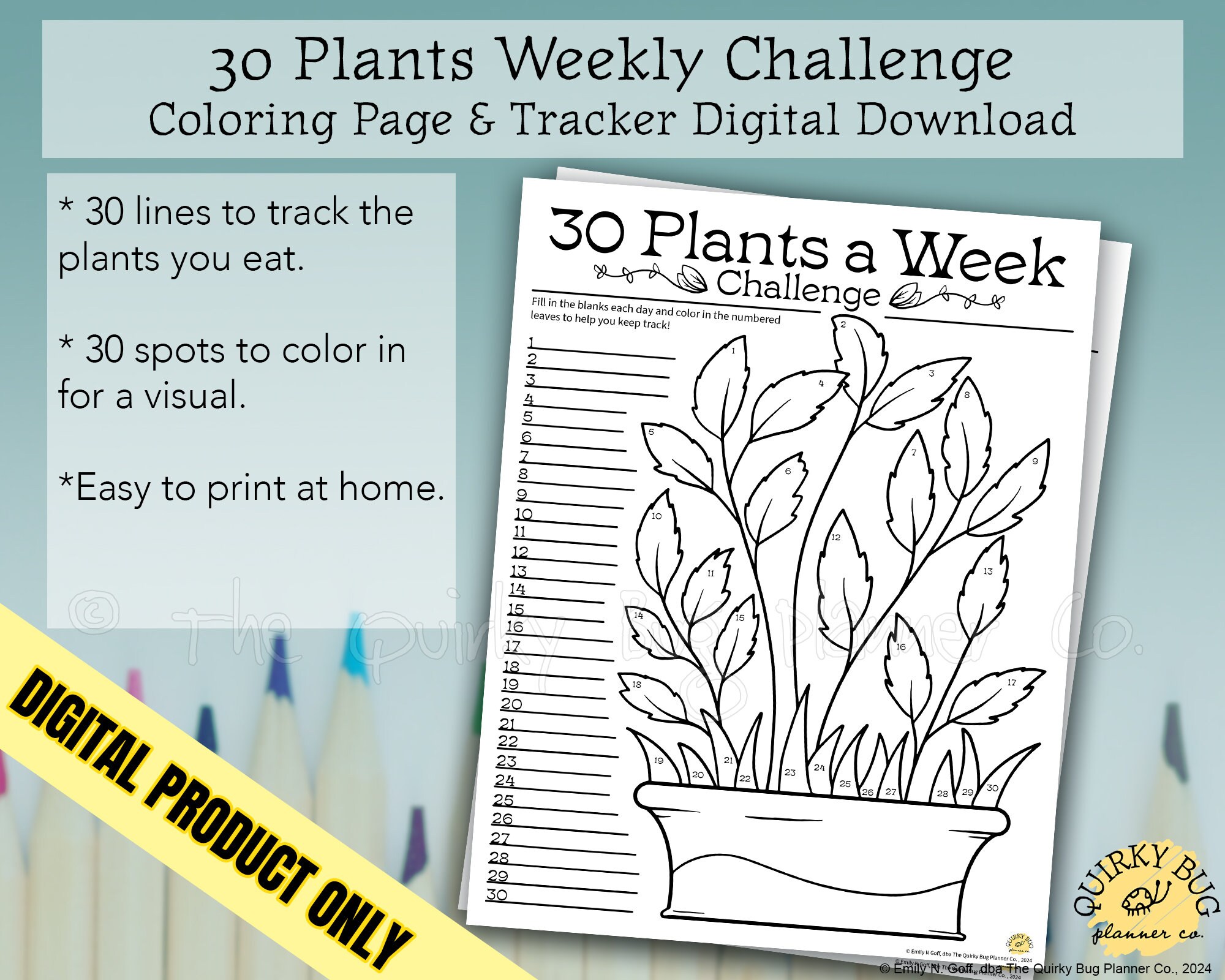 30 Plants a Week Challenge Tracker & Coloring Page - Printable Digital ...