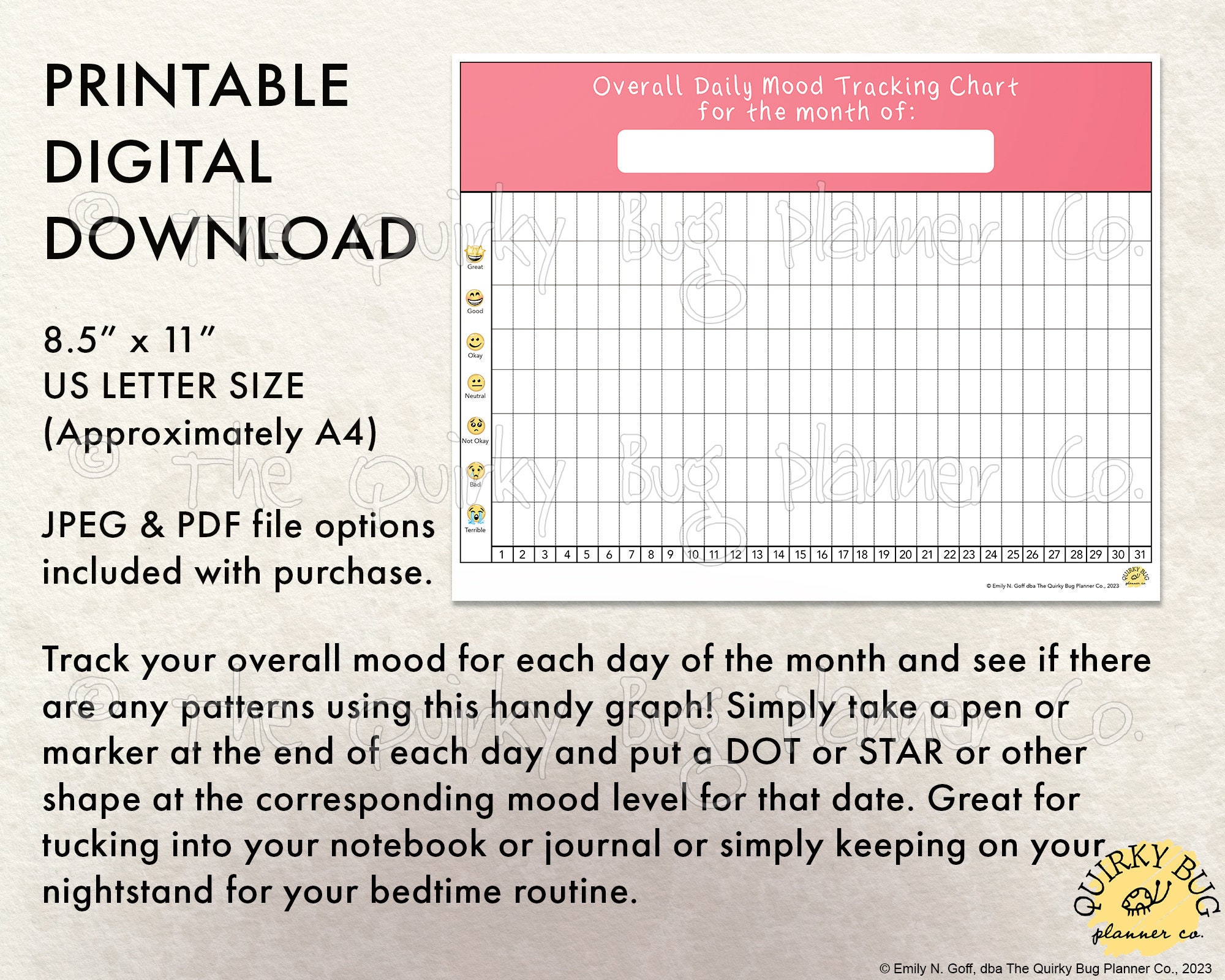 Monthly Mood Tracking Chart, PINK - Printable Digital Download - Etsy