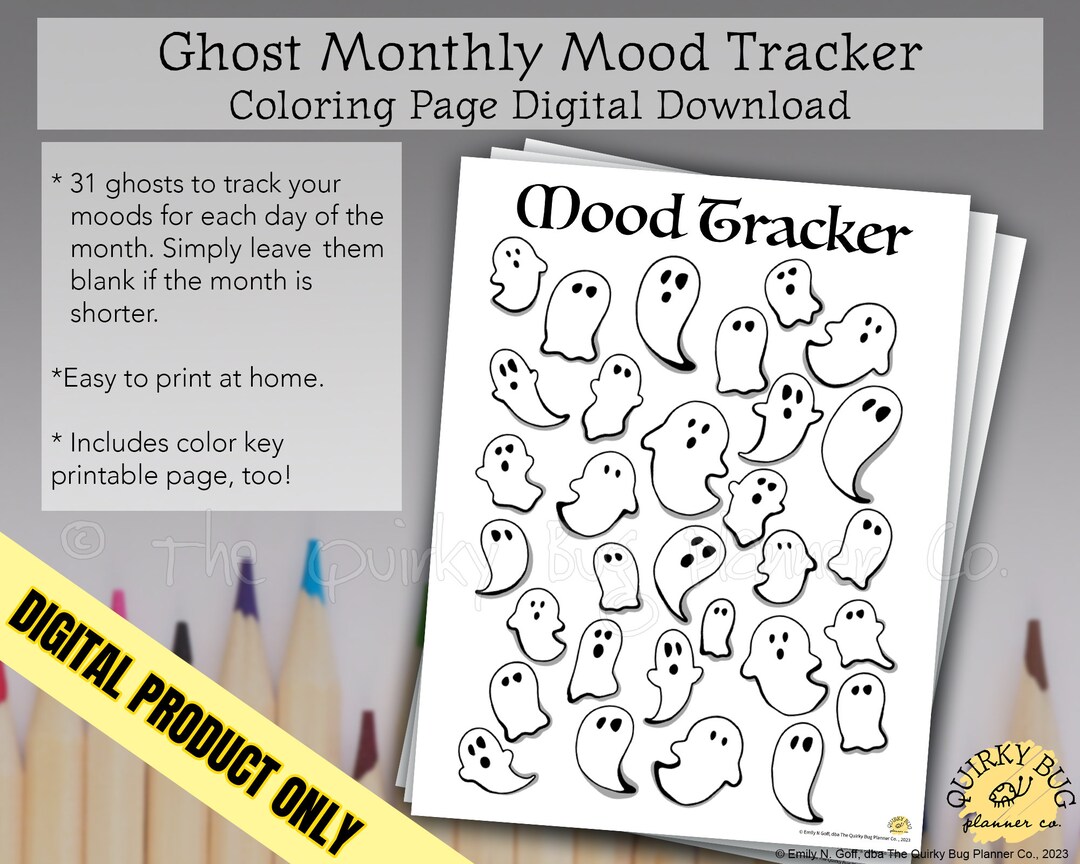 Monthly Ghost Mood Tracking Coloring Page + Color Key Page - Printable ...
