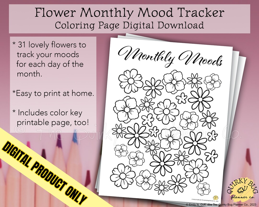 Monthly Flower Mood Tracking Coloring Page + Color Key Page - Printable ...