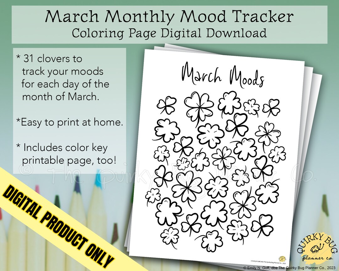 March Clovers Mood Tracking Coloring Page Color Key Page Printable ...