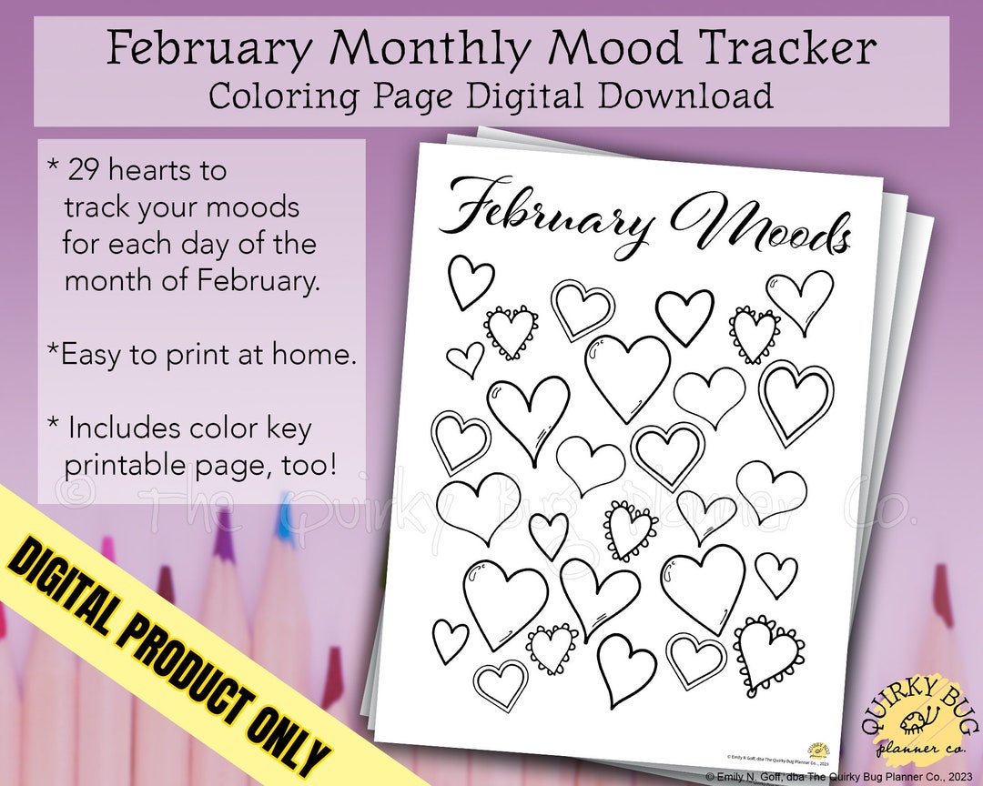 February Hearts Mood Tracking Coloring Page + Color Key Page ...